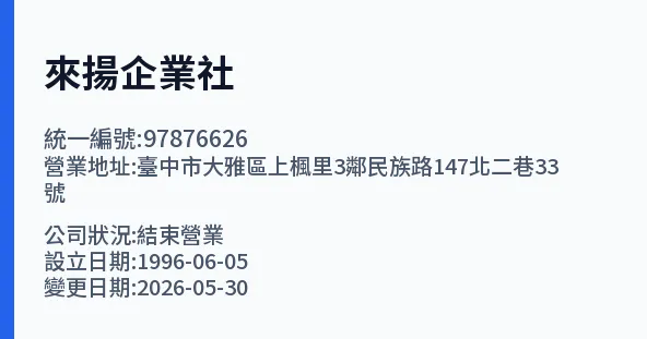 來揚企業社的照片-統編 97876626(臺中市) 公司登記資料與營業項目詳細圖表