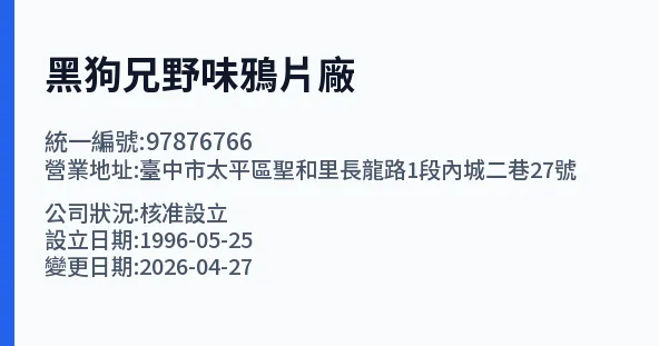 黑狗兄野味鴉片廠的照片-統編 97876766(臺中市) 公司登記資料與營業項目詳細圖表