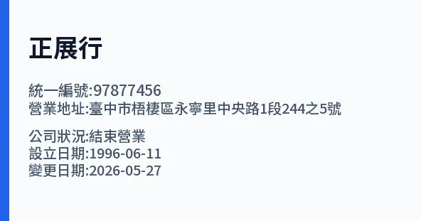 正展行的照片-統編 97877456(臺中市) 公司登記資料與營業項目詳細圖表