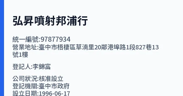 弘昇噴射邦浦行的照片-統編 97877934(臺中市) 公司登記資料與營業項目詳細圖表