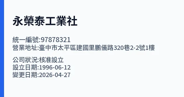 永榮泰工業社的照片-統編 97878321(臺中市) 公司登記資料與營業項目詳細圖表
