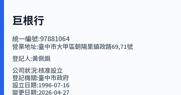 巨根行的照片-統編 97881064(臺中市) 公司登記資料與營業項目詳細圖表