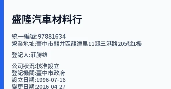 盛隆汽車材料行的照片-統編 97881634(臺中市) 公司登記資料與營業項目詳細圖表