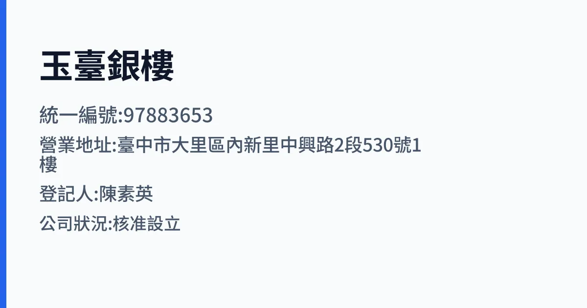 玉臺銀樓 - 統編 97883653(臺中市) 公司登記資料與營業項目詳細圖表