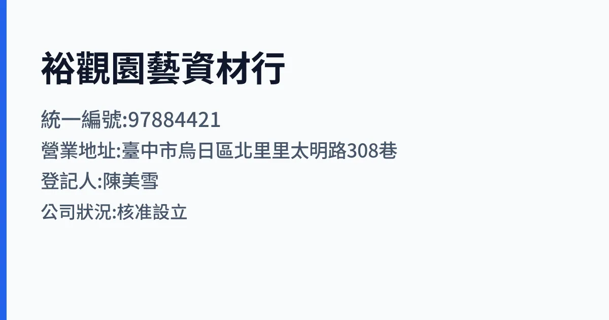 裕觀園藝資材行 - 統編 97884421(臺中市) 公司登記資料與營業項目詳細圖表
