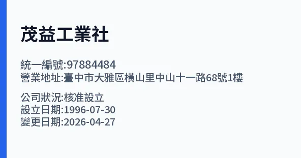 茂益工業社的照片-統編 97884484(臺中市) 公司登記資料與營業項目詳細圖表