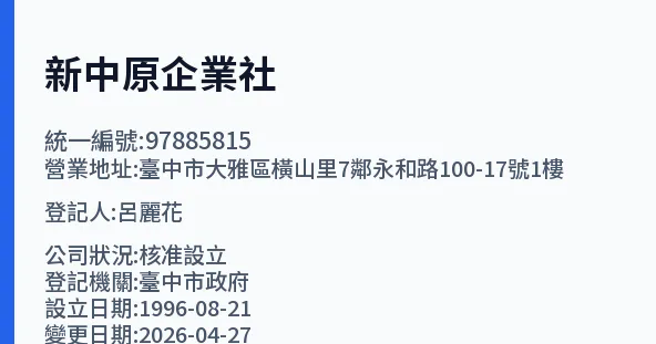 新中原企業社的照片-統編 97885815(臺中市) 公司登記資料與營業項目詳細圖表