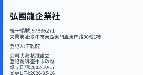 弘國龍企業社的照片-統編 97886271(臺中市) 公司登記資料與營業項目詳細圖表