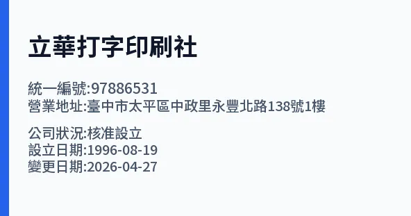 立華打字印刷社的照片-統編 97886531(臺中市) 公司登記資料與營業項目詳細圖表