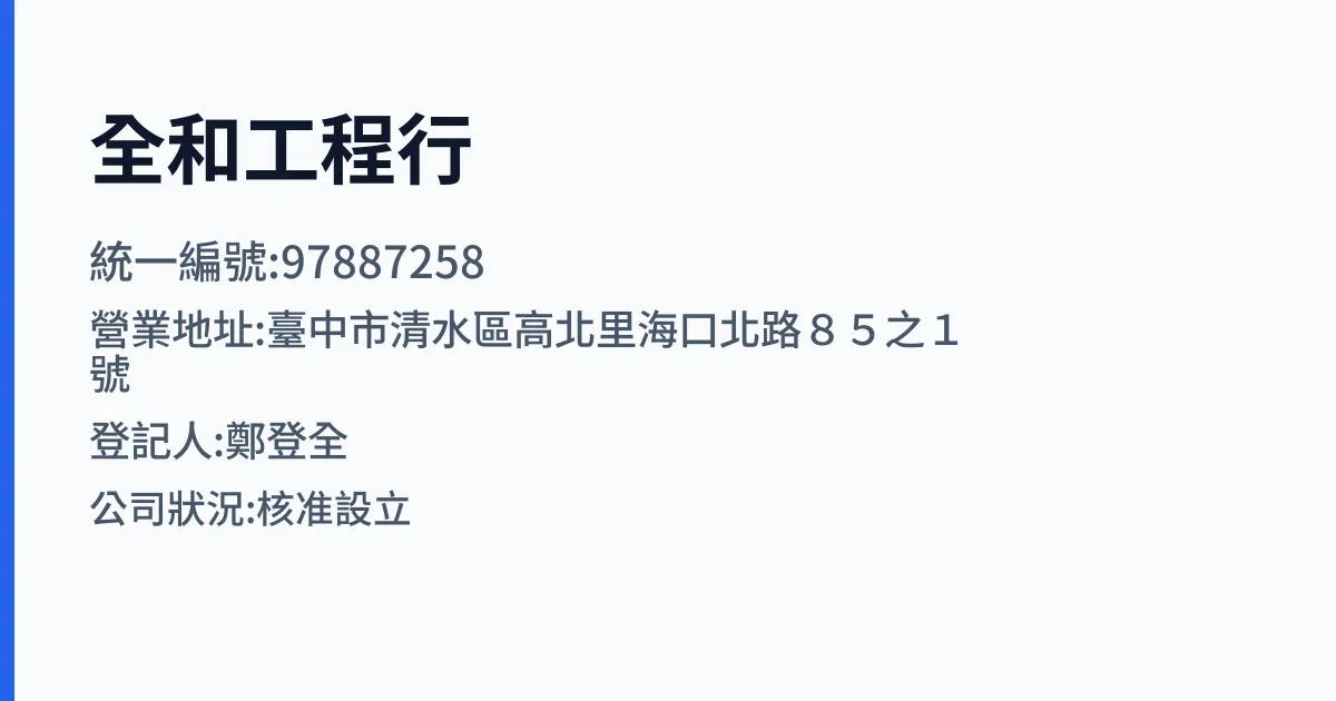 全和工程行 - 統編 97887258(臺中市) 公司登記資料與營業項目詳細圖表