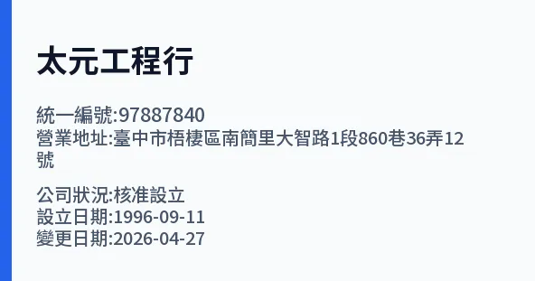 太元工程行的照片-統編 97887840(臺中市) 公司登記資料與營業項目詳細圖表