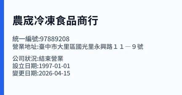 農宬冷凍食品商行的照片-統編 97889208(臺中市) 公司登記資料與營業項目詳細圖表