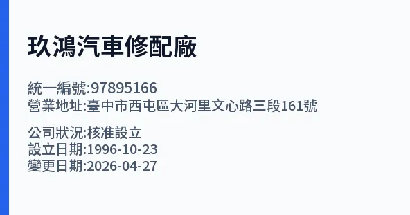 玖鴻汽車修配廠的照片-統編 97895166(臺中市) 公司登記資料與營業項目詳細圖表