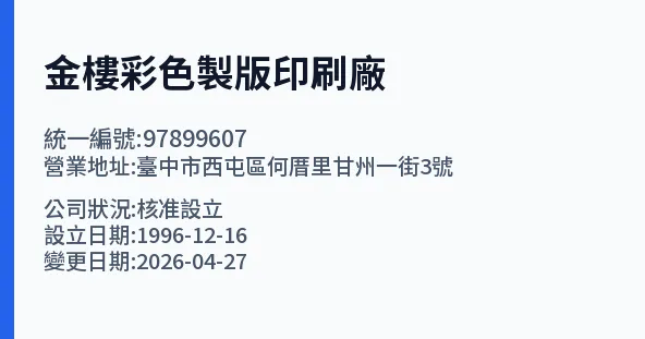 金樓彩色製版印刷廠的照片-統編 97899607(臺中市) 公司登記資料與營業項目詳細圖表
