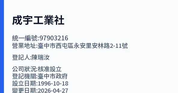 成宇工業社的照片-統編 97903216(臺中市) 公司登記資料與營業項目詳細圖表