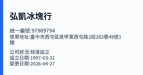 弘凱冰塊行的照片-統編 97909794(臺中市) 公司登記資料與營業項目詳細圖表