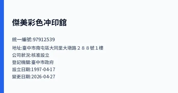 傑美彩色冲印舘的照片-統編 97912539(臺中市) 公司登記資料與營業項目詳細圖表