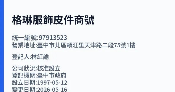格琳服飾皮件商號的照片-統編 97913523(臺中市) 公司登記資料與營業項目詳細圖表