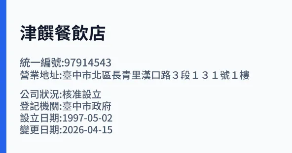 津饌餐飲店的照片-統編 97914543(臺中市) 公司登記資料與營業項目詳細圖表