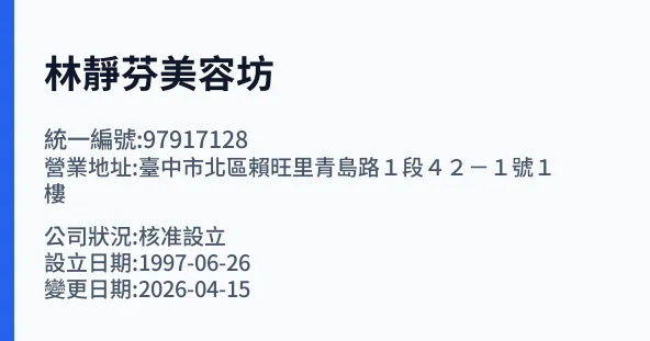 林靜芬美容坊的照片-統編 97917128(臺中市) 公司登記資料與營業項目詳細圖表