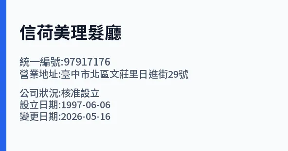 信荷美理髮廳的照片-統編 97917176(臺中市) 公司登記資料與營業項目詳細圖表
