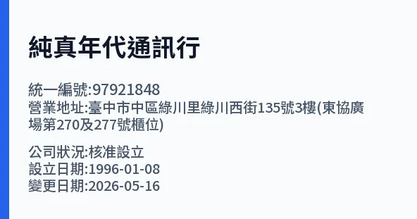 純真年代通訊行的照片-統編 97921848(臺中市) 公司登記資料與營業項目詳細圖表