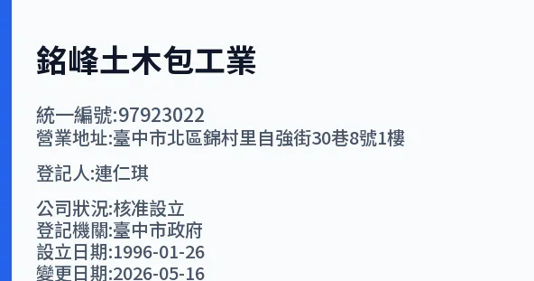 銘峰土木包工業的照片-統編 97923022(臺中市) 公司登記資料與營業項目詳細圖表