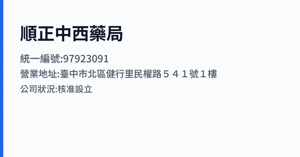 順正中西藥局 - 統編 97923091(臺中市) 公司登記資料與營業項目詳細圖表