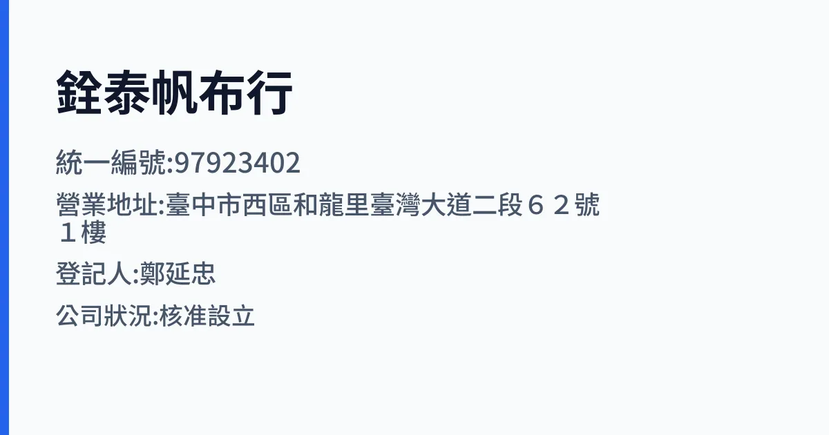 銓泰帆布行 - 統編 97923402(臺中市) 公司登記資料與營業項目詳細圖表