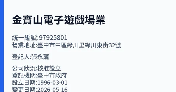 金寶山電子遊戲場業的照片-統編 97925801(臺中市) 公司登記資料與營業項目詳細圖表