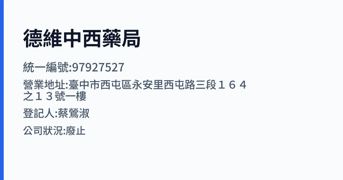 德維中西藥局 - 統編 97927527(臺中市) 公司登記資料與營業項目詳細圖表