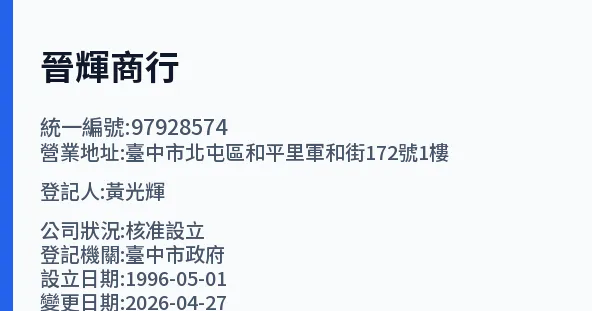 晉輝商行的照片-統編 97928574(臺中市) 公司登記資料與營業項目詳細圖表