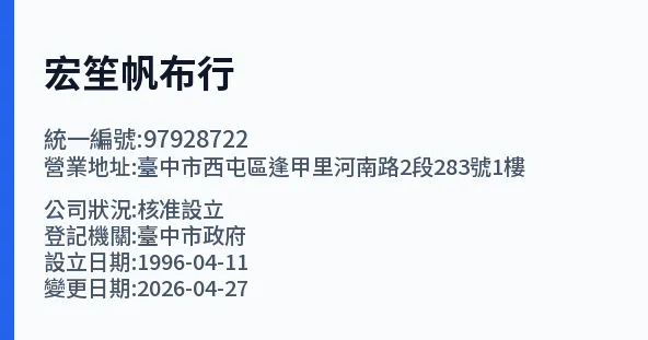 宏笙帆布行的照片-統編 97928722(臺中市) 公司登記資料與營業項目詳細圖表