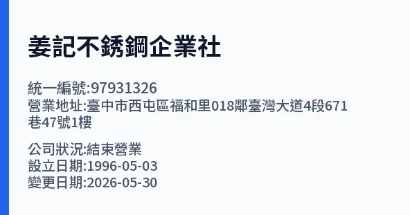 姜記不銹鋼企業社的照片-統編 97931326(臺中市) 公司登記資料與營業項目詳細圖表