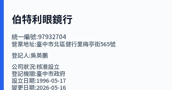 伯特利眼鏡行的照片-統編 97932704(臺中市) 公司登記資料與營業項目詳細圖表