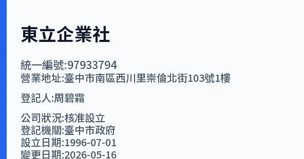 東立企業社的照片-統編 97933794(臺中市) 公司登記資料與營業項目詳細圖表
