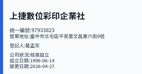 上捷數位彩印企業社的照片-統編 97933823(臺中市) 公司登記資料與營業項目詳細圖表