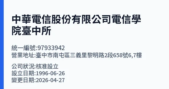 中華電信股份有限公司電信學院臺中所的照片-統編 97933942(臺中市) 公司登記資料與營業項目詳細圖表
