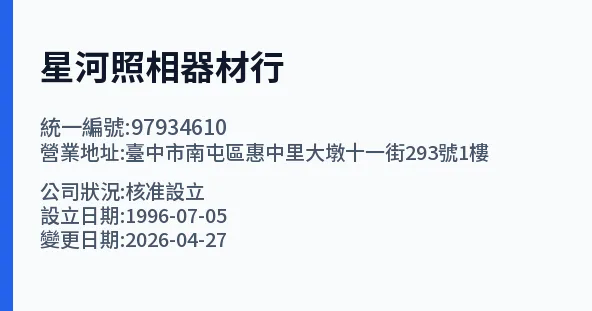 星河照相器材行的照片-統編 97934610(臺中市) 公司登記資料與營業項目詳細圖表