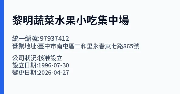 黎明蔬菜水果小吃集中場的照片-統編 97937412(臺中市) 公司登記資料與營業項目詳細圖表
