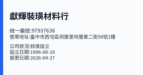 獻輝裝璜材料行的照片-統編 97937638(臺中市) 公司登記資料與營業項目詳細圖表
