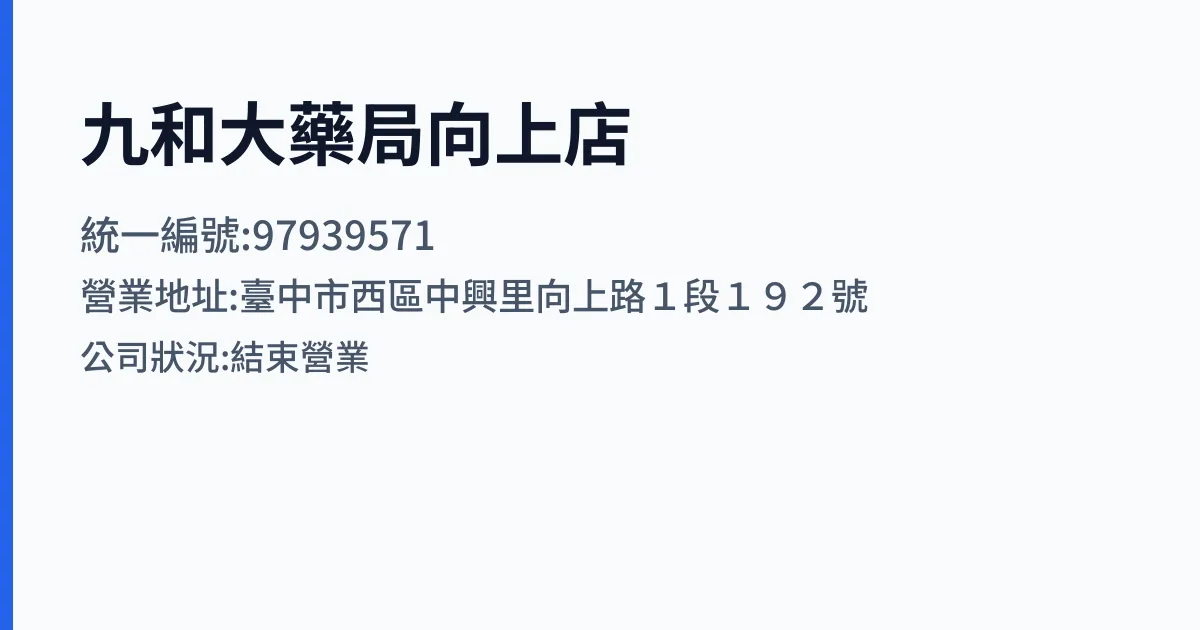 九和大藥局向上店 - 統編 97939571(臺中市) 公司登記資料與營業項目詳細圖表