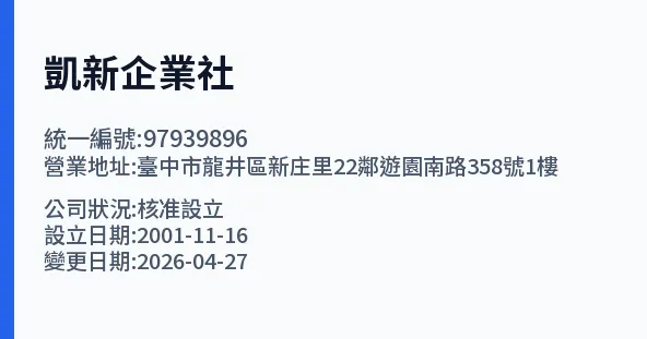 凱新企業社的照片-統編 97939896(臺中市) 公司登記資料與營業項目詳細圖表