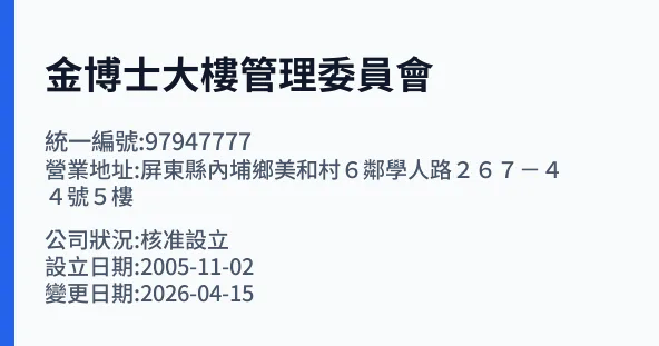 金博士大樓管理委員會的照片-統編 97947777(屏東縣) 公司登記資料與營業項目詳細圖表