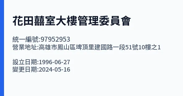花田囍室大樓管理委員會的照片-統編 97952953(高雄市) 公司登記資料與營業項目詳細圖表