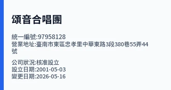 頌音合唱團的照片-統編 97958128(臺南市) 公司登記資料與營業項目詳細圖表