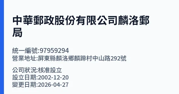 中華郵政股份有限公司麟洛郵局的照片-統編 97959294(屏東縣) 公司登記資料與營業項目詳細圖表