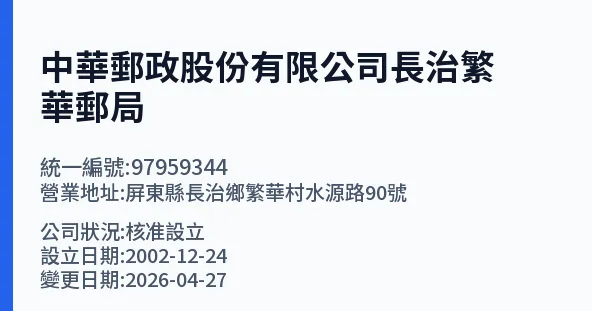 中華郵政股份有限公司長治繁華郵局的照片-統編 97959344(屏東縣) 公司登記資料與營業項目詳細圖表