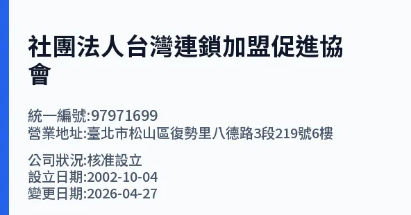 社團法人台灣連鎖加盟促進協會的照片-統編 97971699(臺北市) 公司登記資料與營業項目詳細圖表
