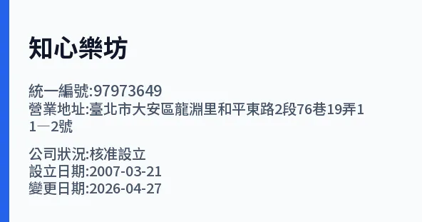 知心樂坊的照片-統編 97973649(臺北市) 公司登記資料與營業項目詳細圖表